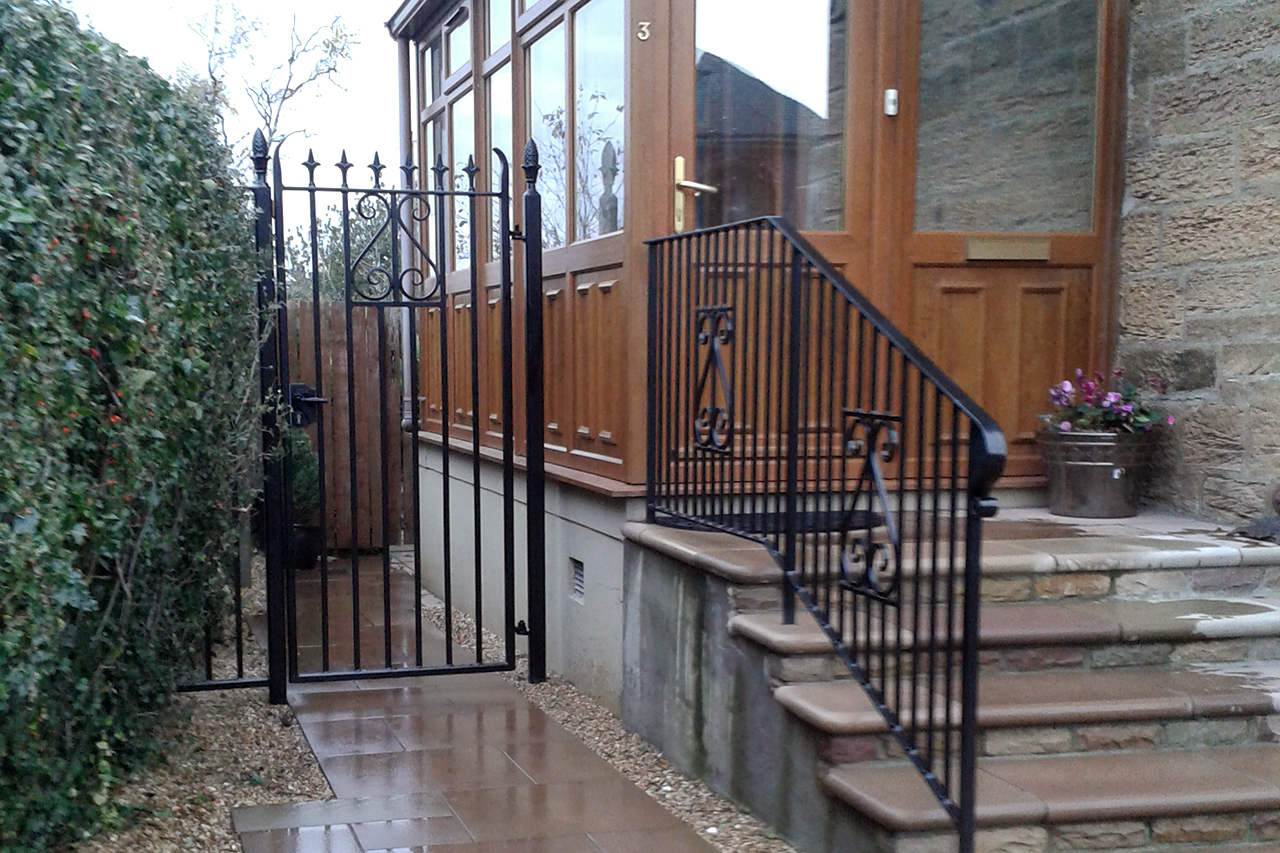Matching single leaf tall security gate and balustrades for front ...